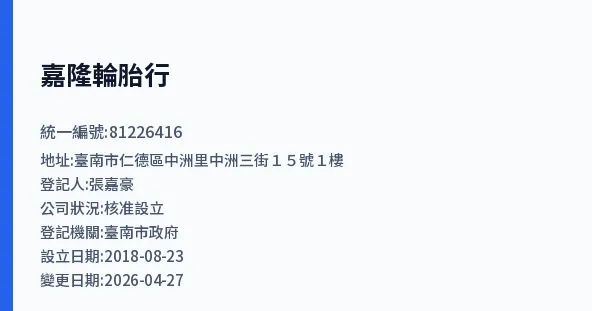 嘉隆輪胎行的照片-統編 81226416(臺南市) 公司登記資料與營業項目詳細圖表
