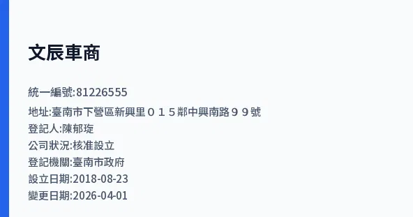 文辰車商的照片-統編 81226555(臺南市) 公司登記資料與營業項目詳細圖表