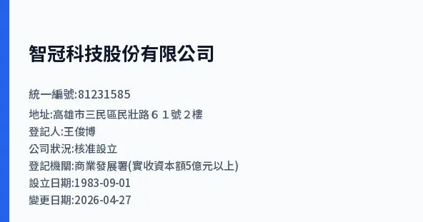 智冠科技股份有限公司的照片-統編 81231585(高雄市) 公司登記資料與營業項目詳細圖表