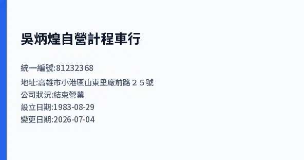 吳炳煌自營計程車行的照片-統編 81232368(高雄市) 公司登記資料與營業項目詳細圖表