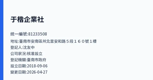 于楷企業社的照片-統編 81233508(臺南市) 公司登記資料與營業項目詳細圖表