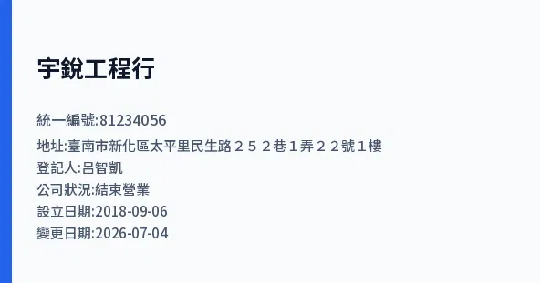 宇銳工程行的照片-統編 81234056(臺南市) 公司登記資料與營業項目詳細圖表