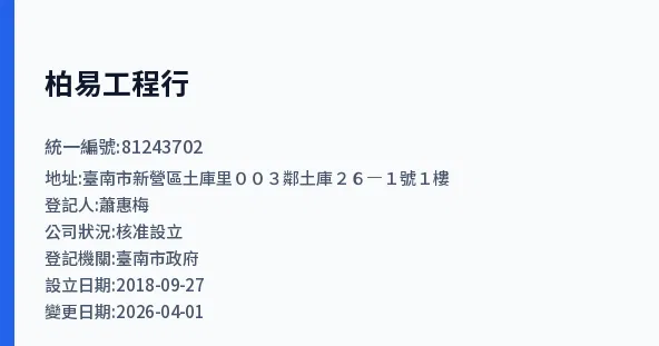柏易工程行的照片-統編 81243702(臺南市) 公司登記資料與營業項目詳細圖表