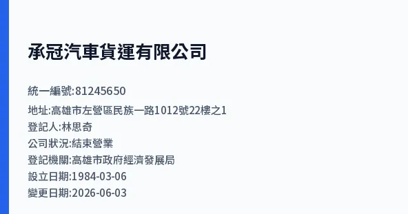 承冠汽車貨運有限公司的照片-統編 81245650(高雄市) 公司登記資料與營業項目詳細圖表