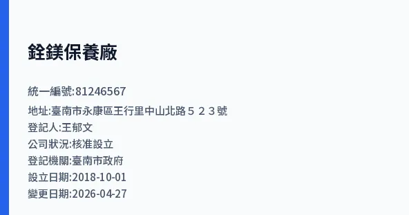 銓鎂保養廠的照片-統編 81246567(臺南市) 公司登記資料與營業項目詳細圖表