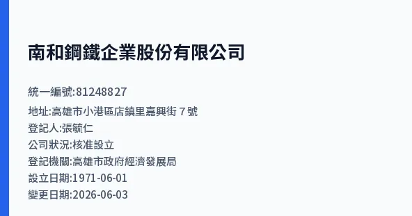 南和鋼鐵企業股份有限公司的照片-統編 81248827(高雄市) 公司登記資料與營業項目詳細圖表