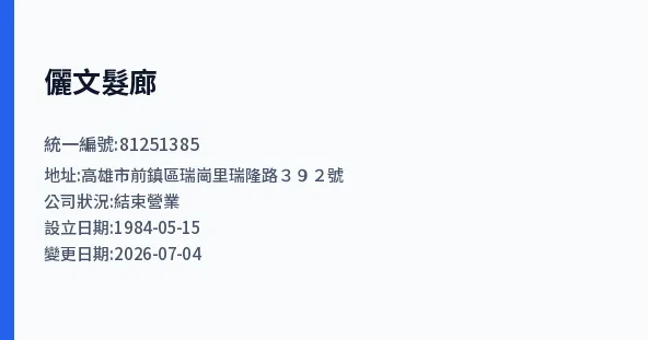 儷文髮廊的照片-統編 81251385(高雄市) 公司登記資料與營業項目詳細圖表