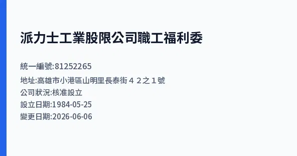 派力士工業股限公司職工福利委的照片-統編 81252265(高雄市) 公司登記資料與營業項目詳細圖表