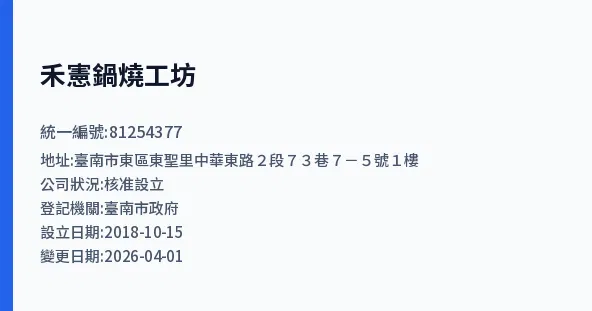 禾憲鍋燒工坊的照片-統編 81254377(臺南市) 公司登記資料與營業項目詳細圖表