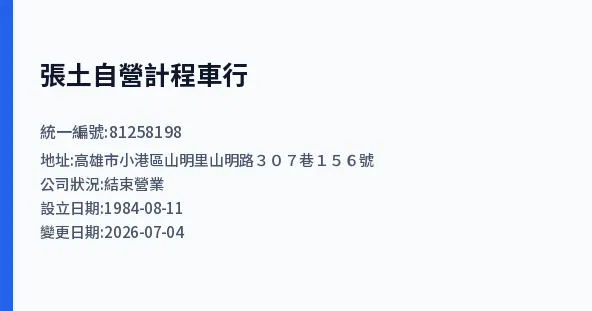 張土自營計程車行的照片-統編 81258198(高雄市) 公司登記資料與營業項目詳細圖表