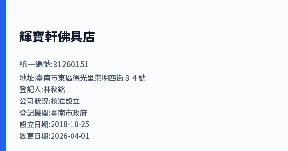 輝寶軒佛具店的照片-統編 81260151(臺南市) 公司登記資料與營業項目詳細圖表