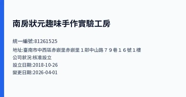 南房狀元趣味手作實驗工房的照片-統編 81261525(臺南市) 公司登記資料與營業項目詳細圖表