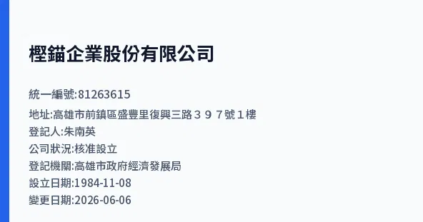 樫錨企業股份有限公司的照片-統編 81263615(高雄市) 公司登記資料與營業項目詳細圖表