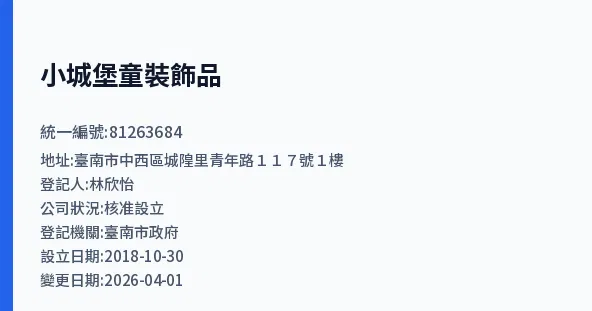 小城堡童裝飾品的照片-統編 81263684(臺南市) 公司登記資料與營業項目詳細圖表
