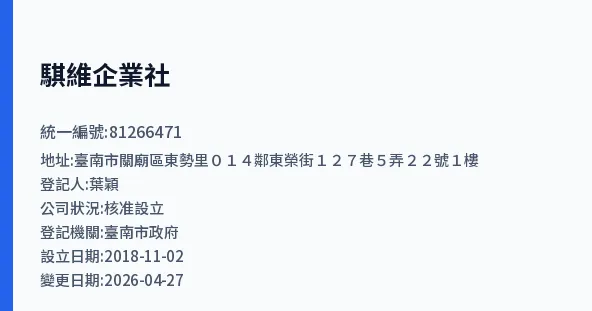 騏維企業社的照片-統編 81266471(臺南市) 公司登記資料與營業項目詳細圖表