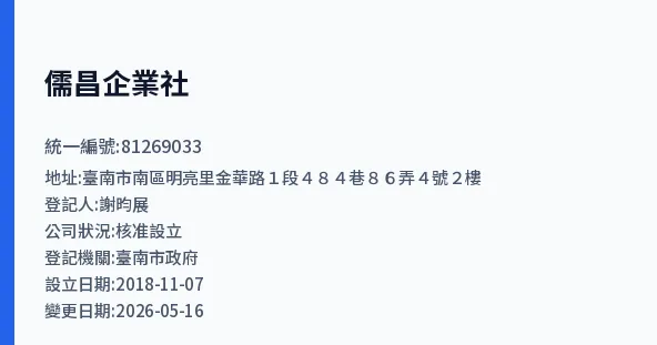 儒昌企業社的照片-統編 81269033(臺南市) 公司登記資料與營業項目詳細圖表