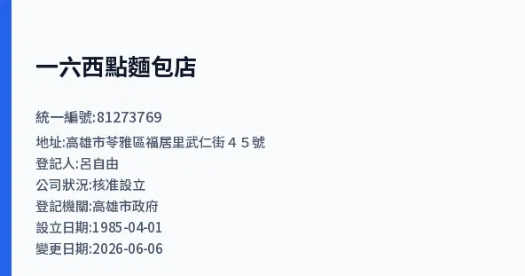 一六西點麵包店的照片-統編 81273769(高雄市) 公司登記資料與營業項目詳細圖表