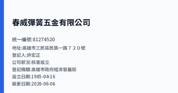 春威彈簧五金有限公司的照片-統編 81274520(高雄市) 公司登記資料與營業項目詳細圖表