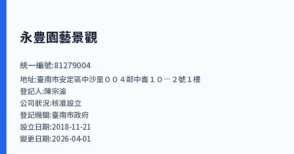 永豊園藝景觀的照片-統編 81279004(臺南市) 公司登記資料與營業項目詳細圖表