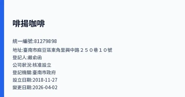啡揚咖啡的照片-統編 81279898(臺南市) 公司登記資料與營業項目詳細圖表