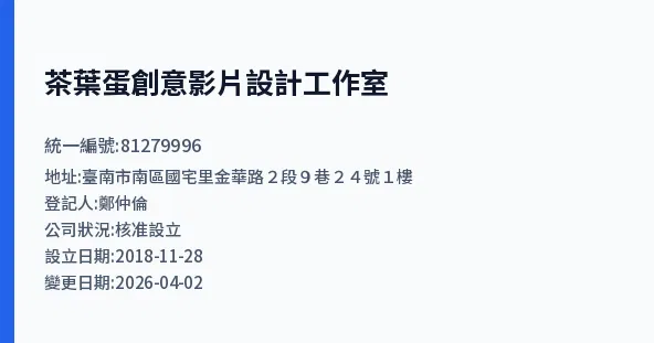 茶葉蛋創意影片設計工作室的照片-統編 81279996(臺南市) 公司登記資料與營業項目詳細圖表
