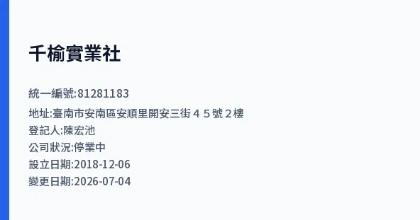 千榆實業社的照片-統編 81281183(臺南市) 公司登記資料與營業項目詳細圖表