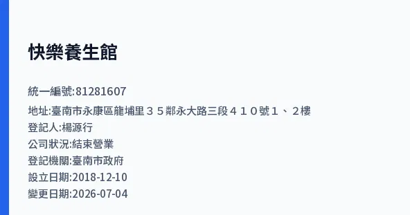 快樂養生館的照片-統編 81281607(臺南市) 公司登記資料與營業項目詳細圖表