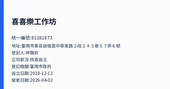 喜喜樂工作坊的照片-統編 81281873(臺南市) 公司登記資料與營業項目詳細圖表