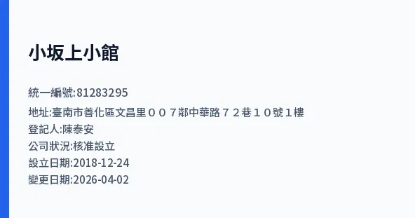 小坂上小館的照片-統編 81283295(臺南市) 公司登記資料與營業項目詳細圖表