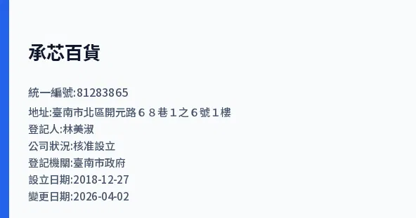 承芯百貨的照片-統編 81283865(臺南市) 公司登記資料與營業項目詳細圖表