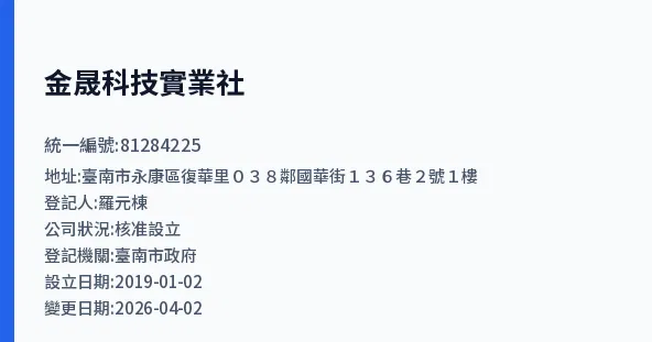 金晟科技實業社的照片-統編 81284225(臺南市) 公司登記資料與營業項目詳細圖表