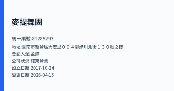 麥提舞團的照片-統編 81285293(臺南市) 公司登記資料與營業項目詳細圖表
