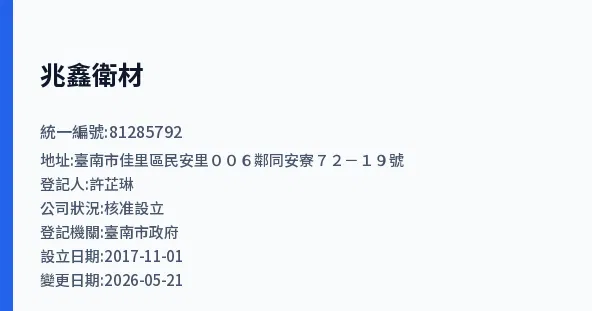 兆鑫衛材的照片-統編 81285792(臺南市) 公司登記資料與營業項目詳細圖表
