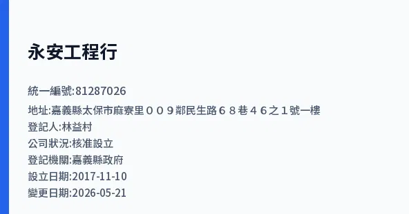 永安工程行的照片-統編 81287026(嘉義縣) 公司登記資料與營業項目詳細圖表