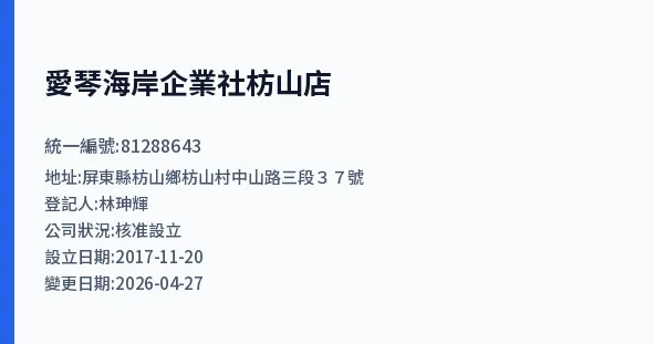 愛琴海岸企業社枋山店的照片-統編 81288643(屏東縣) 公司登記資料與營業項目詳細圖表