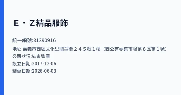E.Z精品服飾的照片-統編 81290916(嘉義市) 公司登記資料與營業項目詳細圖表