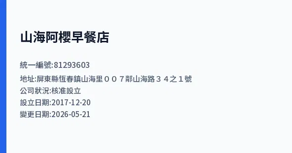 山海阿櫻早餐店的照片-統編 81293603(屏東縣) 公司登記資料與營業項目詳細圖表