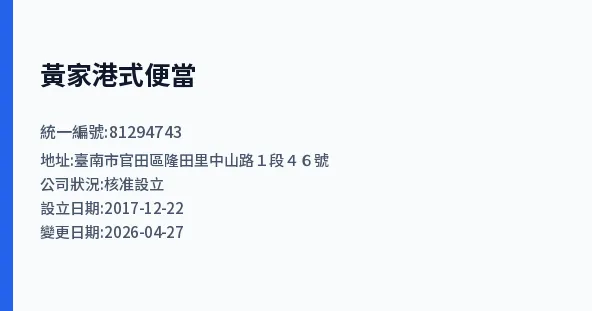 黃家港式便當的照片-統編 81294743(臺南市) 公司登記資料與營業項目詳細圖表