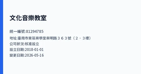 文化音樂教室的照片-統編 81294785(臺南市) 公司登記資料與營業項目詳細圖表