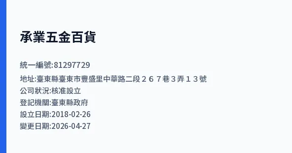 承業五金百貨的照片-統編 81297729(臺東縣) 公司登記資料與營業項目詳細圖表