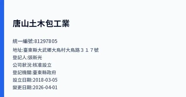唐山土木包工業的照片-統編 81297805(臺東縣) 公司登記資料與營業項目詳細圖表
