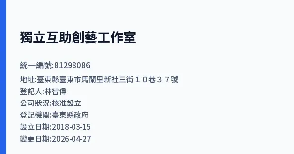 獨立互助創藝工作室的照片-統編 81298086(臺東縣) 公司登記資料與營業項目詳細圖表