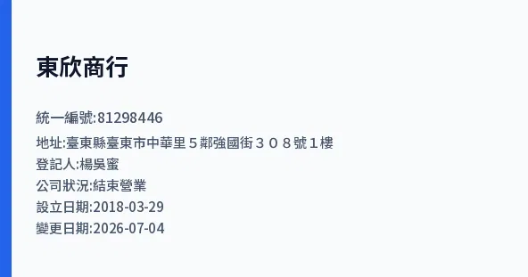 東欣商行的照片-統編 81298446(臺東縣) 公司登記資料與營業項目詳細圖表