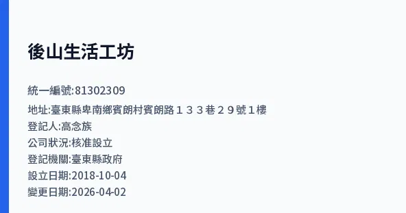 後山生活工坊的照片-統編 81302309(臺東縣) 公司登記資料與營業項目詳細圖表