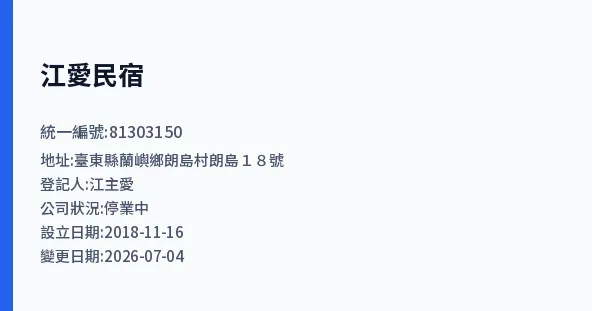 江愛民宿的照片-統編 81303150(臺東縣) 公司登記資料與營業項目詳細圖表
