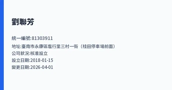 劉聯芳的照片-統編 81303911(臺南市) 公司登記資料與營業項目詳細圖表
