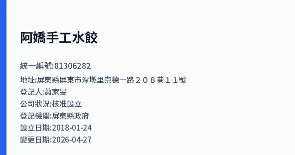 阿嬌手工水餃的照片-統編 81306282(屏東縣) 公司登記資料與營業項目詳細圖表