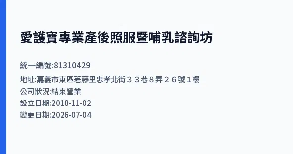 愛護寶專業產後照服暨哺乳諮詢坊的照片-統編 81310429(嘉義市) 公司登記資料與營業項目詳細圖表