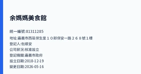 余媽媽美食館的照片-統編 81311285(嘉義市) 公司登記資料與營業項目詳細圖表
