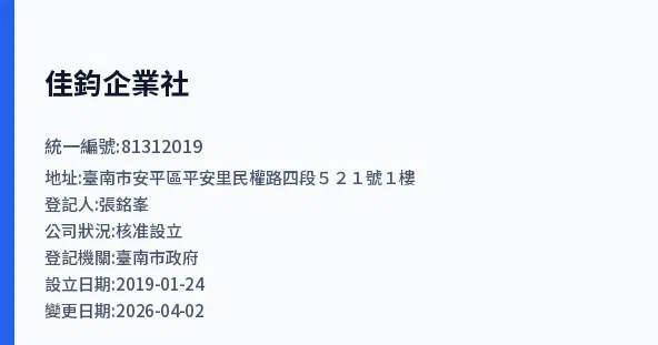 佳鈞企業社的照片-統編 81312019(臺南市) 公司登記資料與營業項目詳細圖表